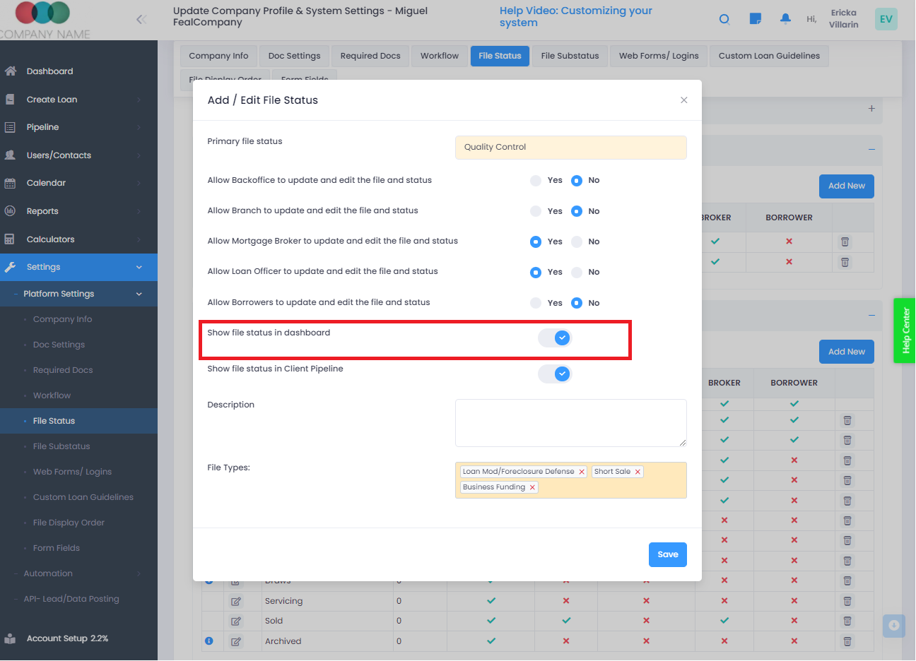 Customizing Status on the Dashboard